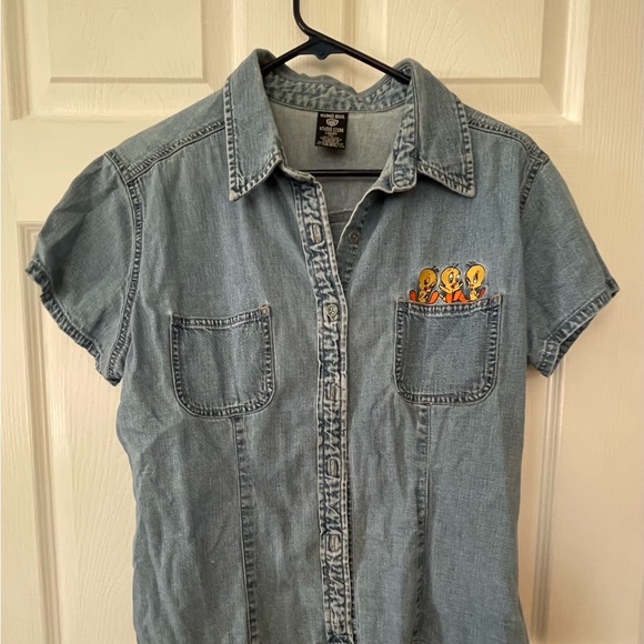 Warner Bros. | Tops | Warner Bros Blue Denim Blouse With Cartoon ...